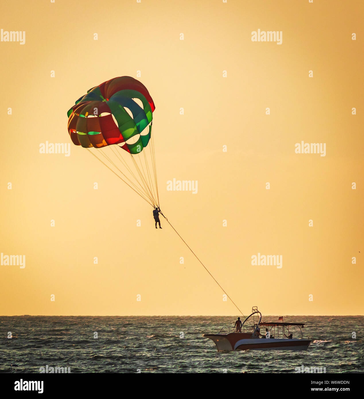 amazing shot at sunset of Parasailing water amusement - flying on a ...