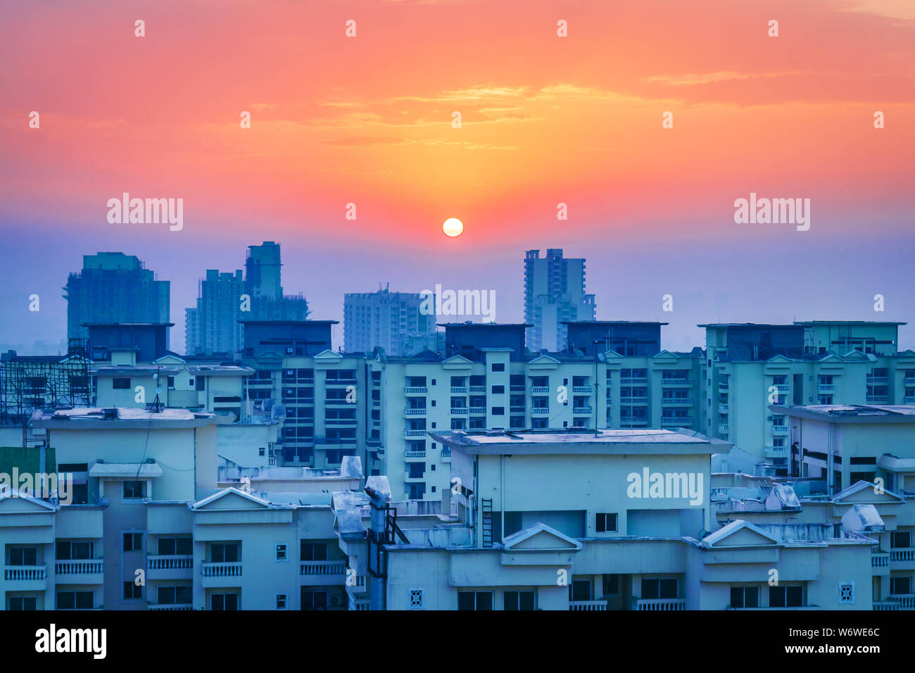 early morning sunrise in the Noida city India. high rise building Noida ...