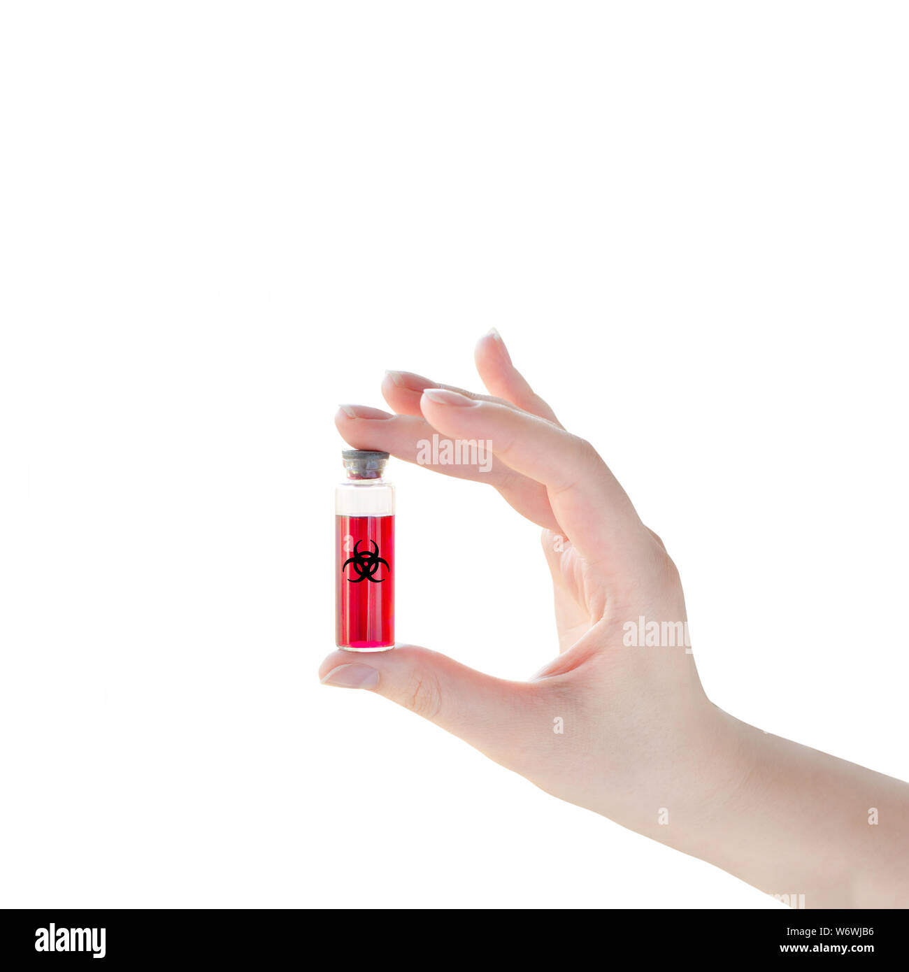 Woman hand with biohazard danger green flask. Healthcare, medicine ...