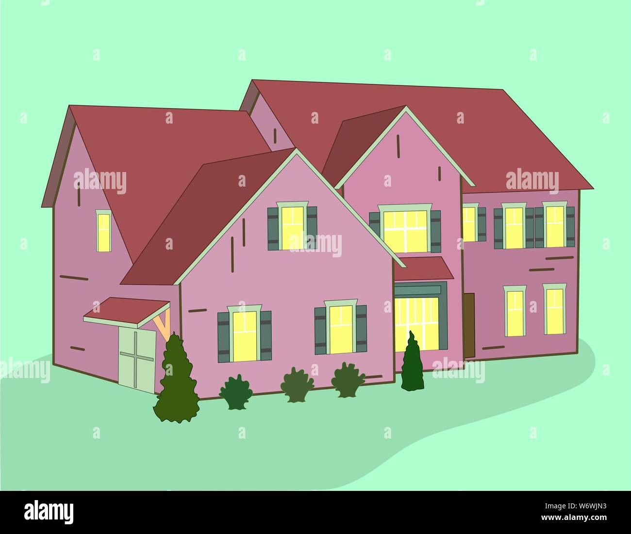 Flat drawing of a large house. Cottage building with Windows. Red roof ...