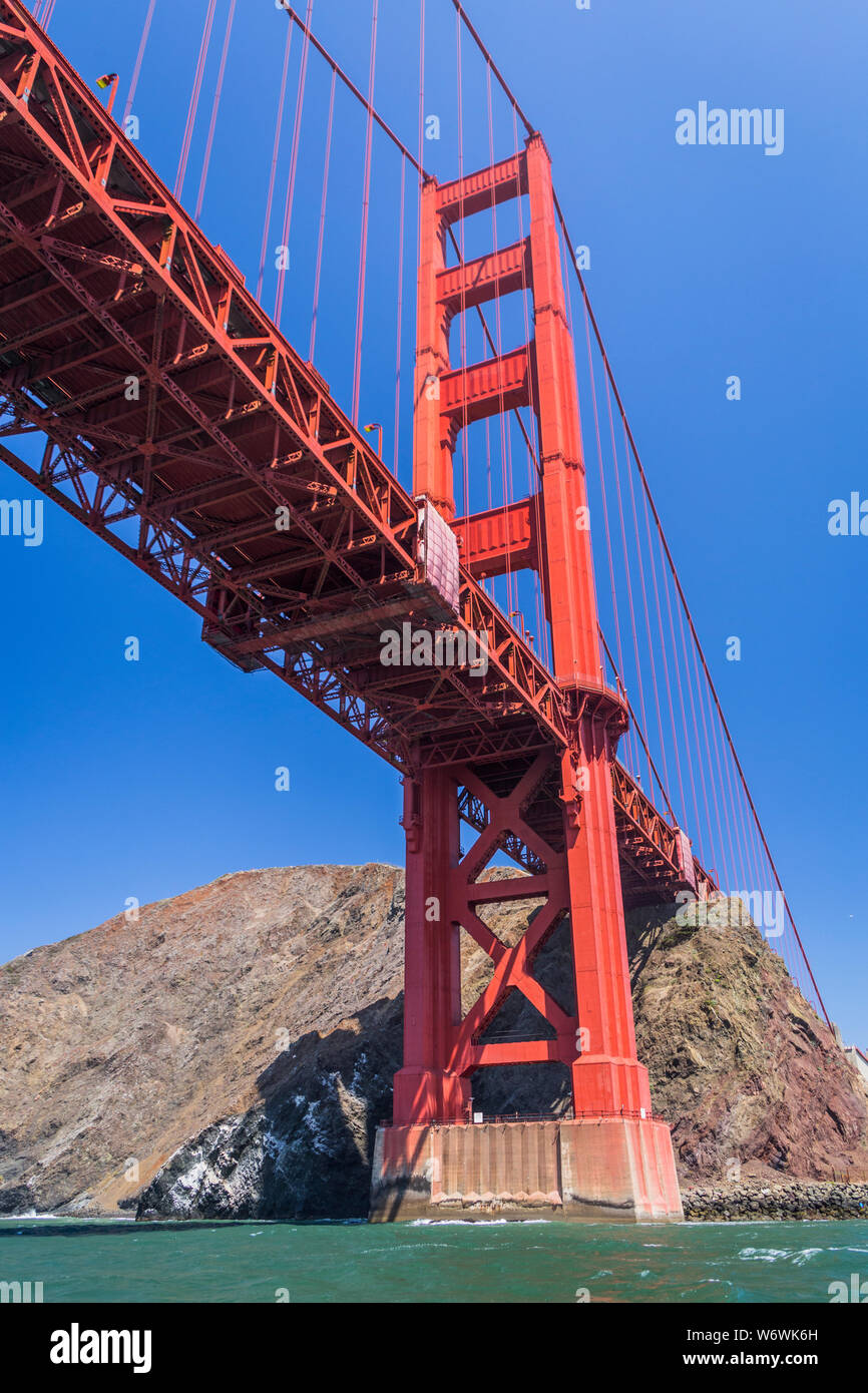 The Golden Gate Bridge viewed from below, looking toward the Marin ...