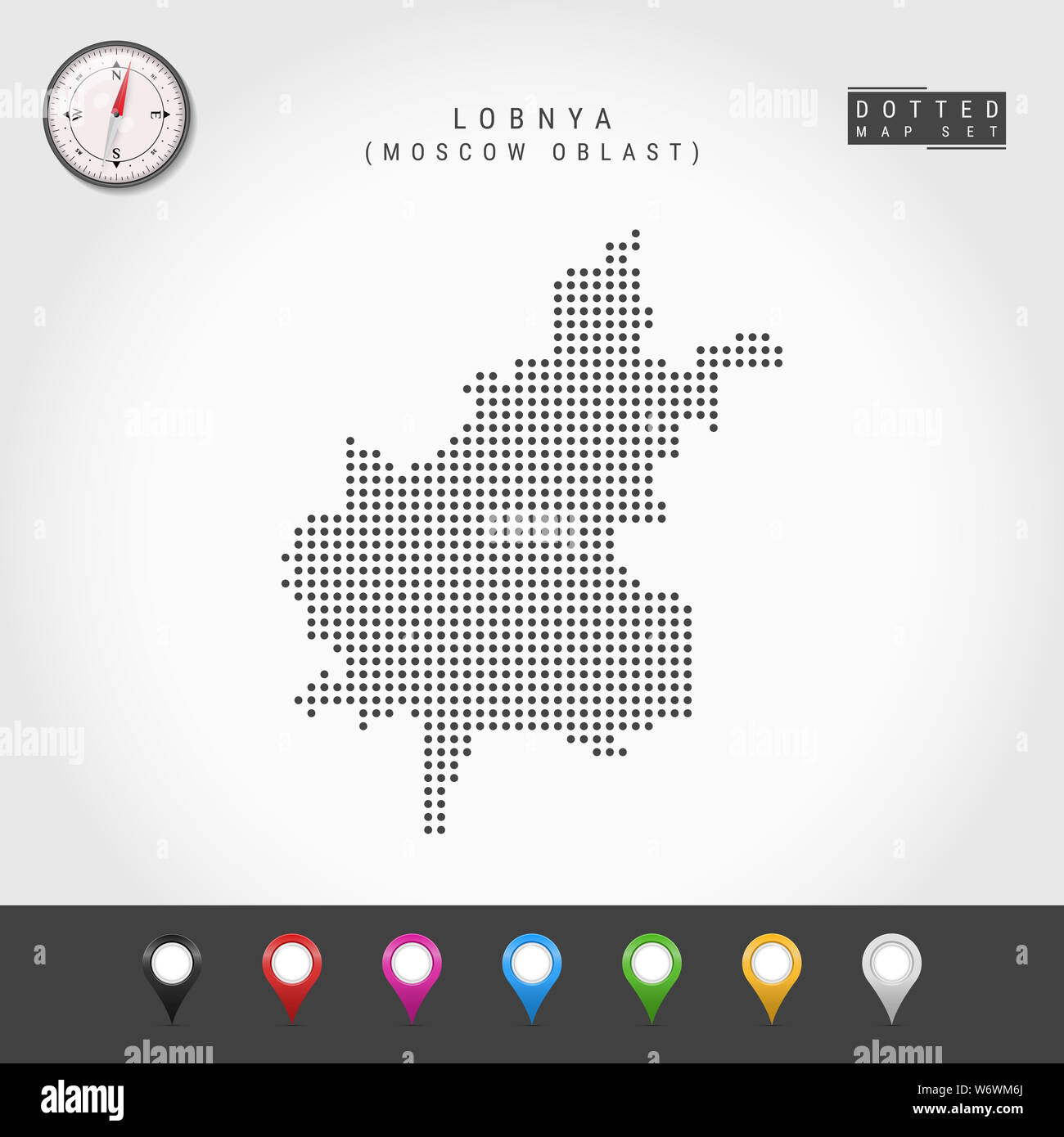 Dots Map of Lobnya, Moscow Oblast. Simple Silhouette of Lobnya. Compass ...