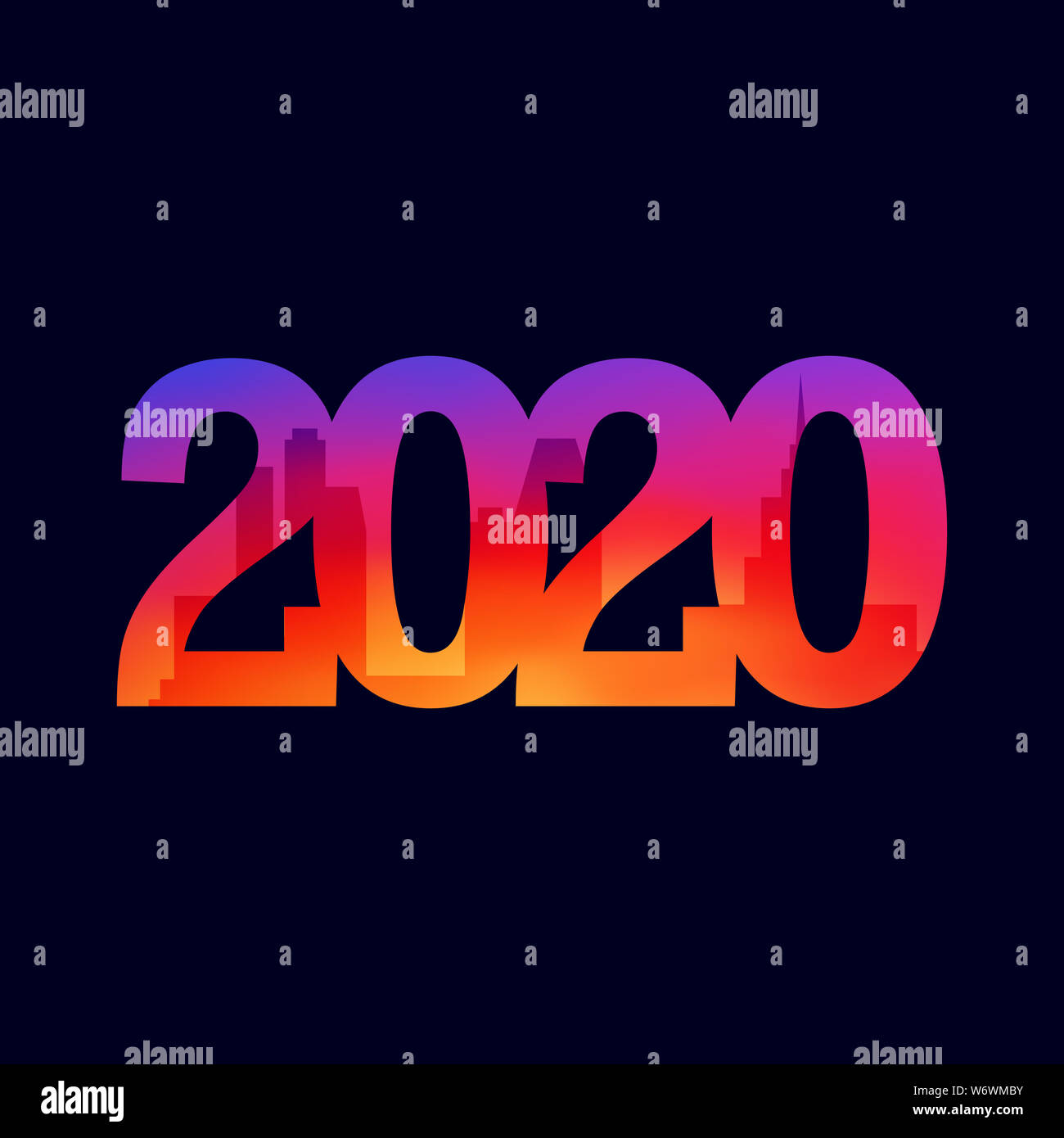 2020 Lettering. Big Numerals and Big City Silhouette. Merry Christmas ...