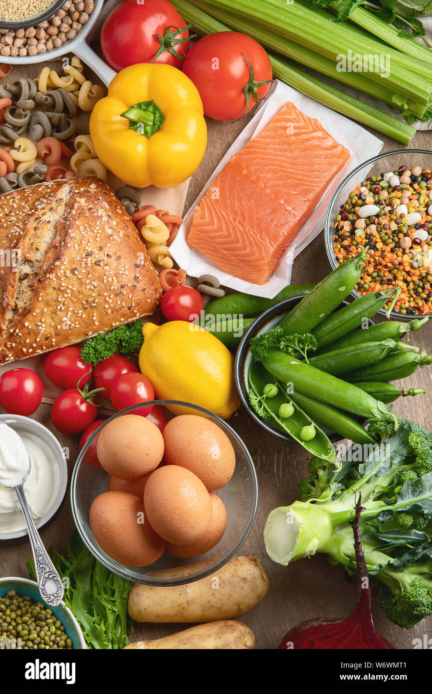 Healthy food. Balanced food cooking ingredients. Clean diet eating. Top ...