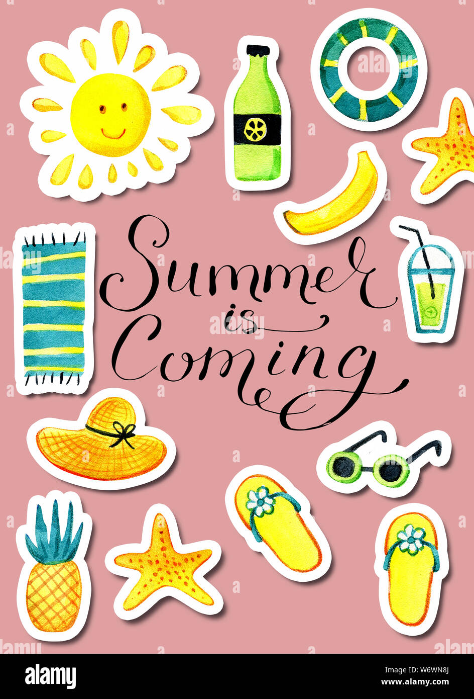 A set of isolated objects of summer theme watercolor Stock Photo - Alamy