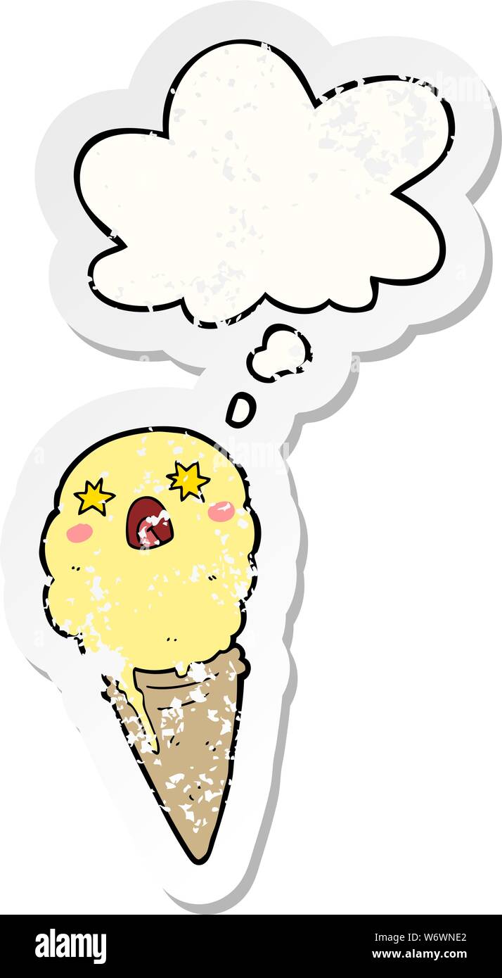 cartoon shocked ice cream with thought bubble as a distressed worn ...