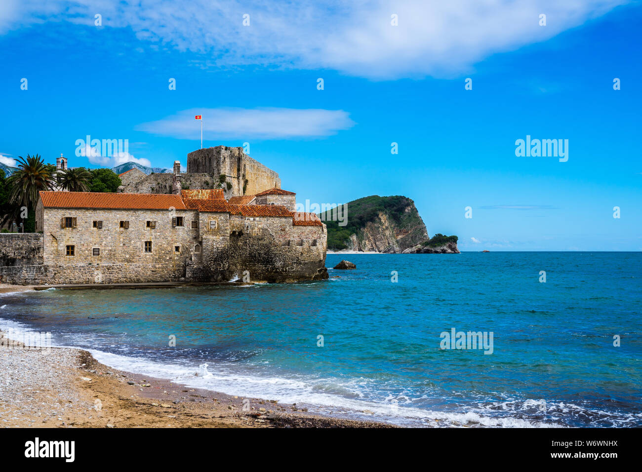 Montenegro, Historic district of budva old town city wall from sand ...