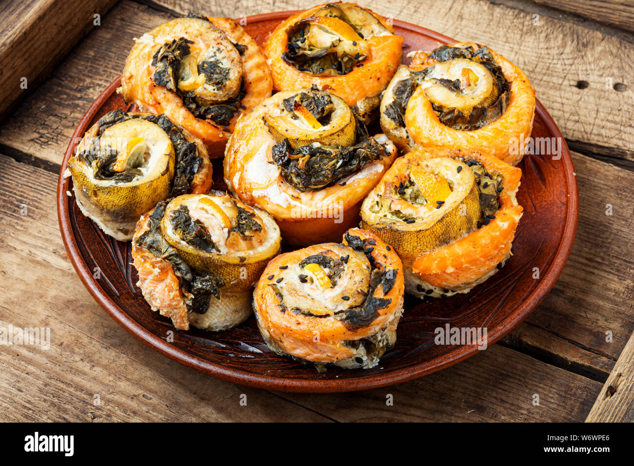 Salmon and pike perch fish roses.Banquet fish dish Stock Photo - Alamy