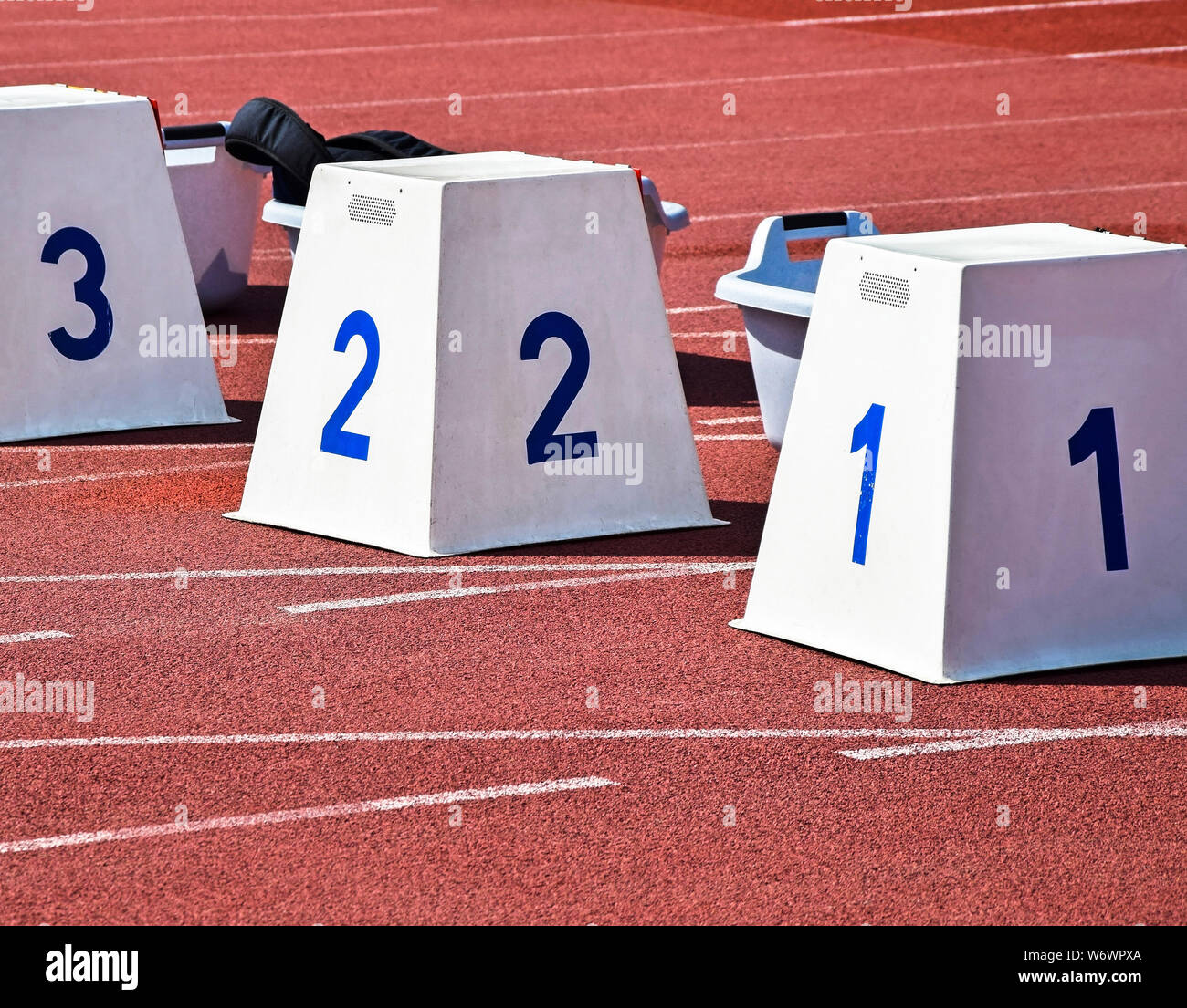 Starting blocks of the running track Stock Photo - Alamy