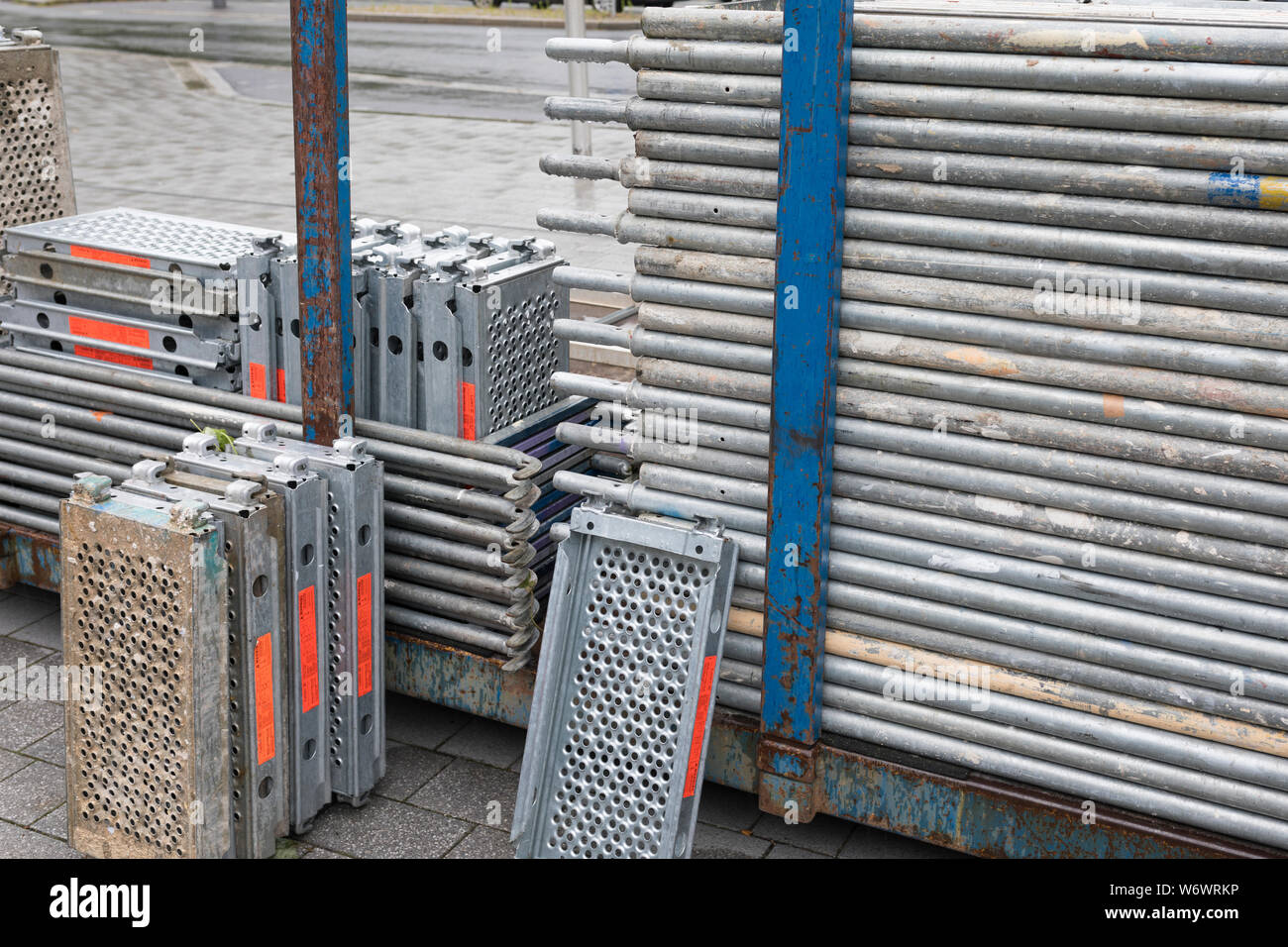 Scaffolding materials at a renovation construction site in Germany ...