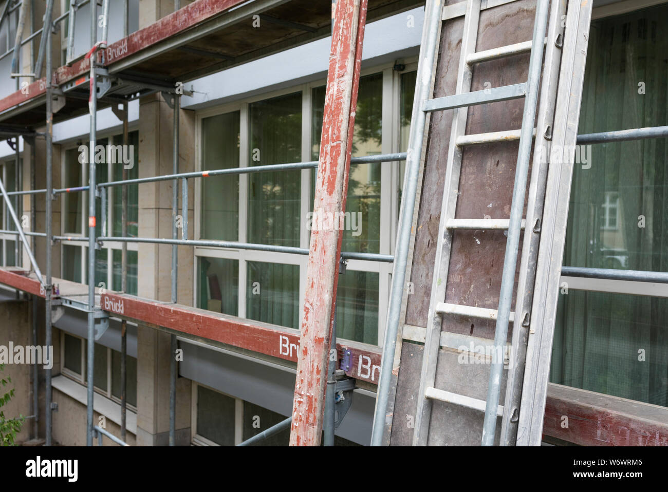 Scaffolding materials at a renovation construction site in Germany ...