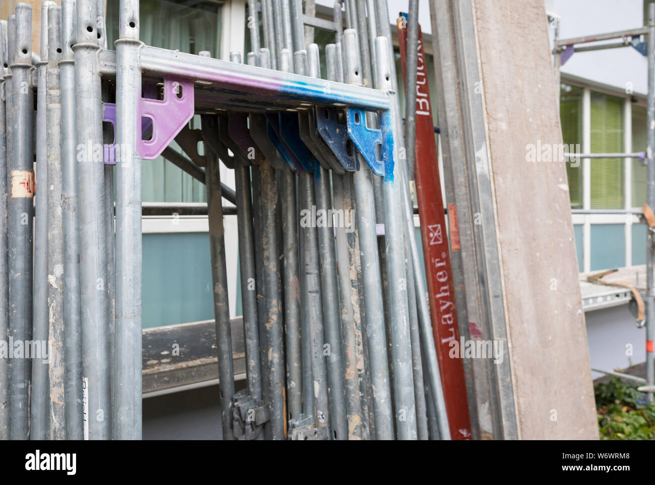 Scaffolding materials at a renovation construction site in Germany ...