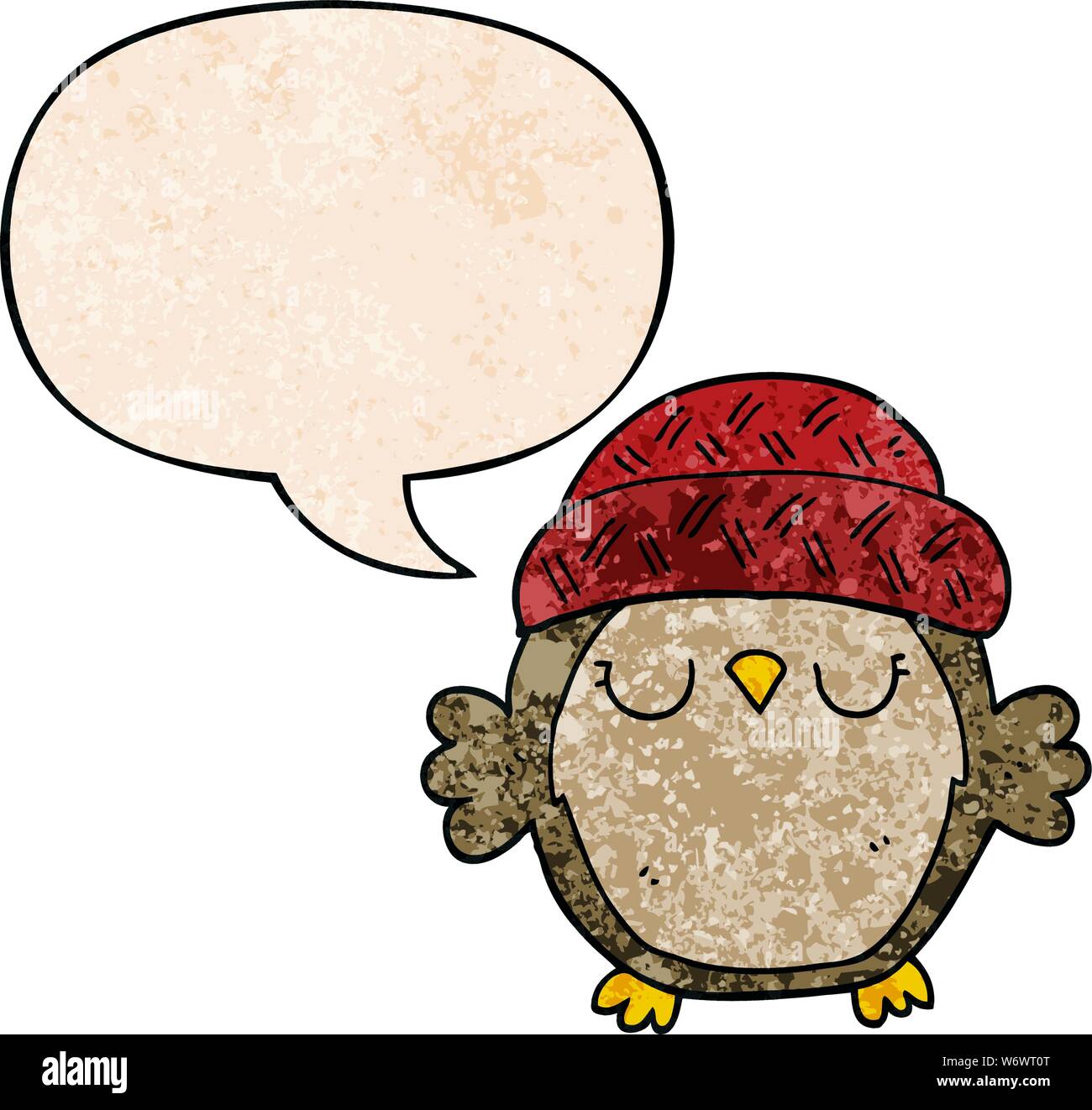 cute cartoon owl in hat with speech bubble in retro texture style Stock ...