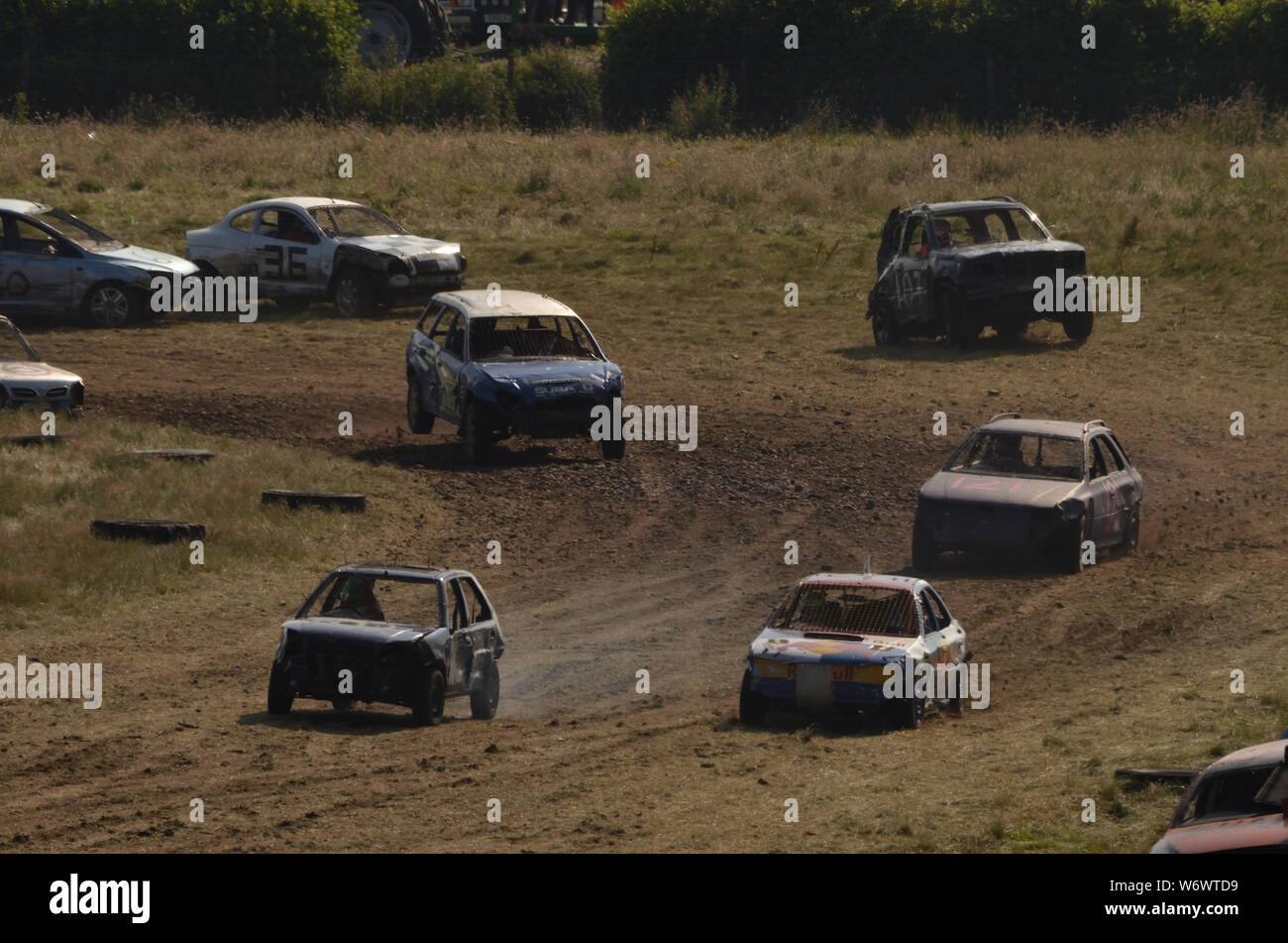 Cars racing at the Golspie Banger Derby 2019, Scottish Highlands Stock ...