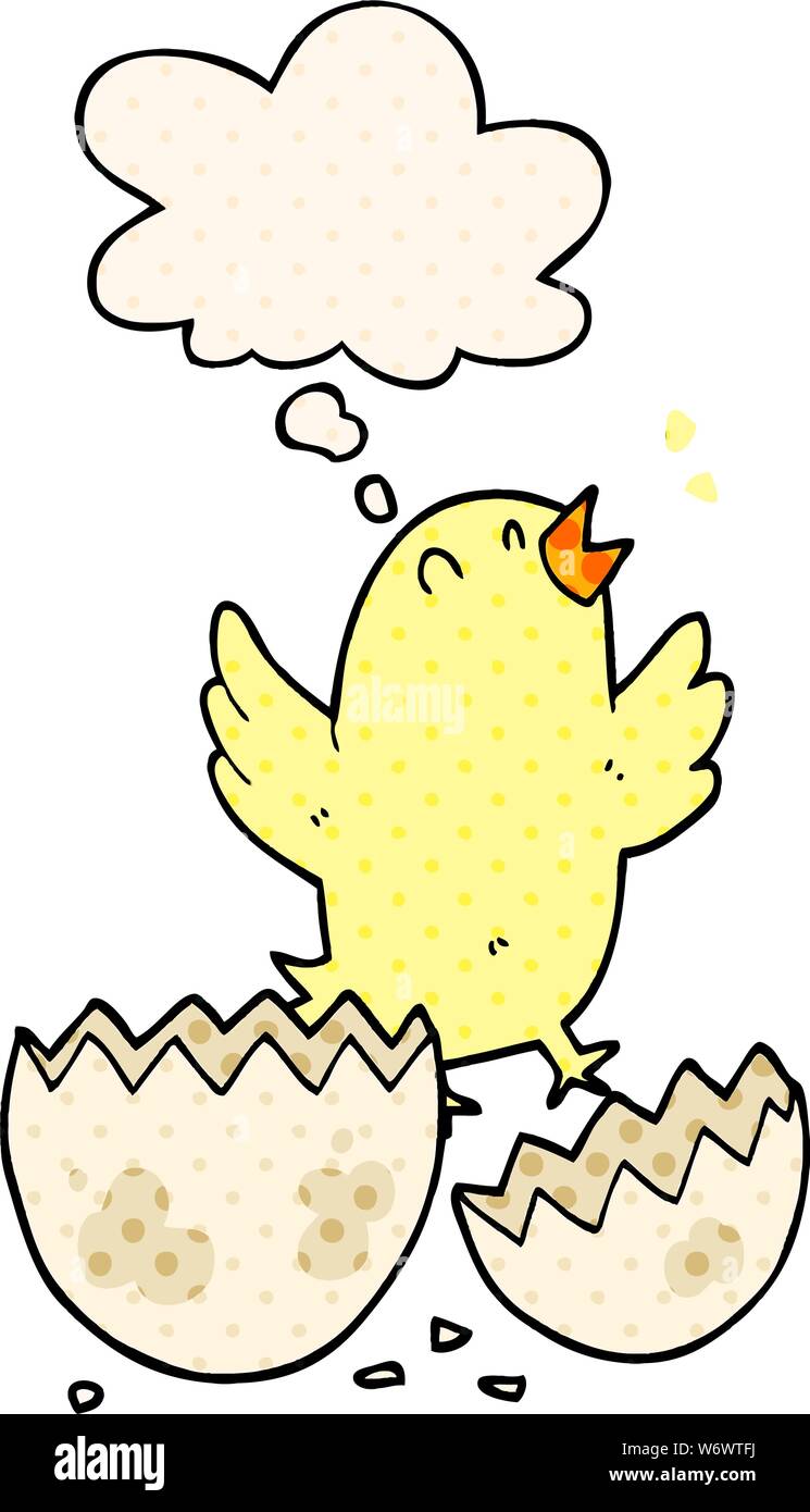 cartoon bird hatching from egg with thought bubble in comic book style ...