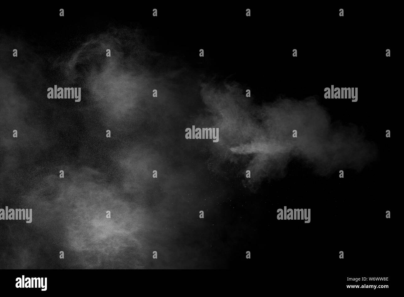 White talcume powder explosion on black background. White dust ...