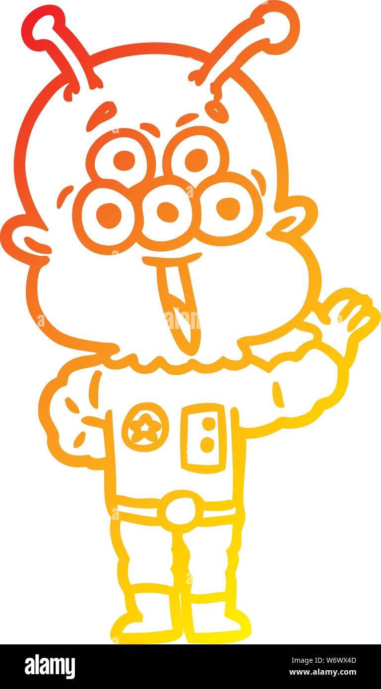 warm gradient line drawing of a happy cartoon alien waving Stock Vector ...