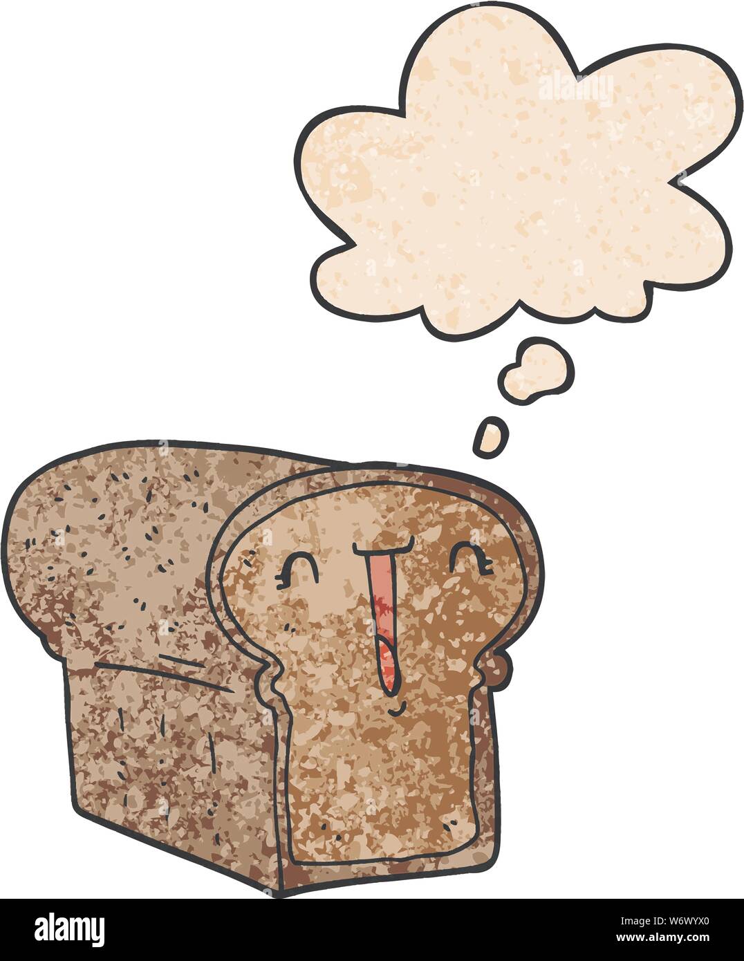cute cartoon loaf of bread with thought bubble in grunge texture style ...