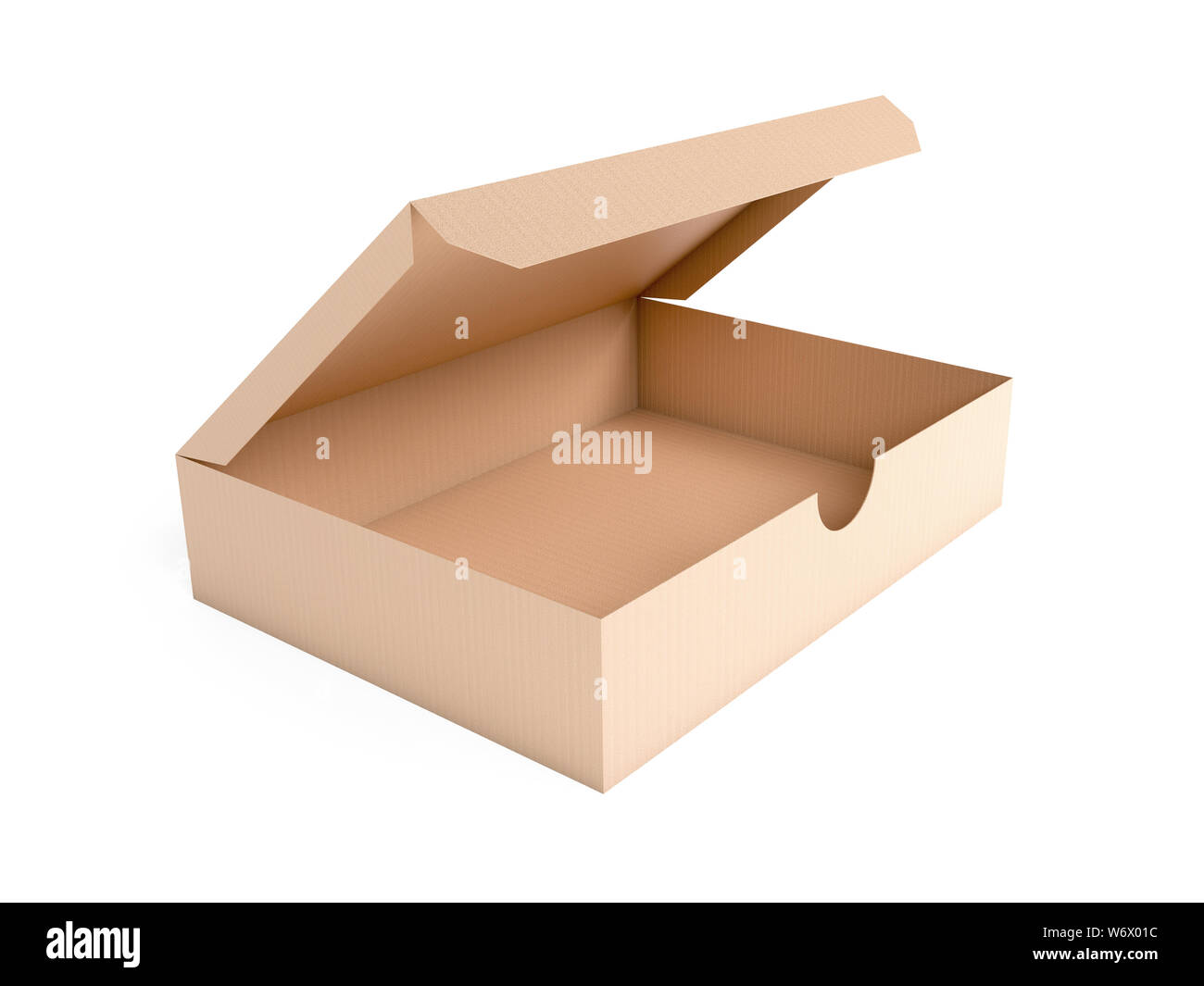 Flat brown paper box. Open carton. 3d rendering illustration isolated ...