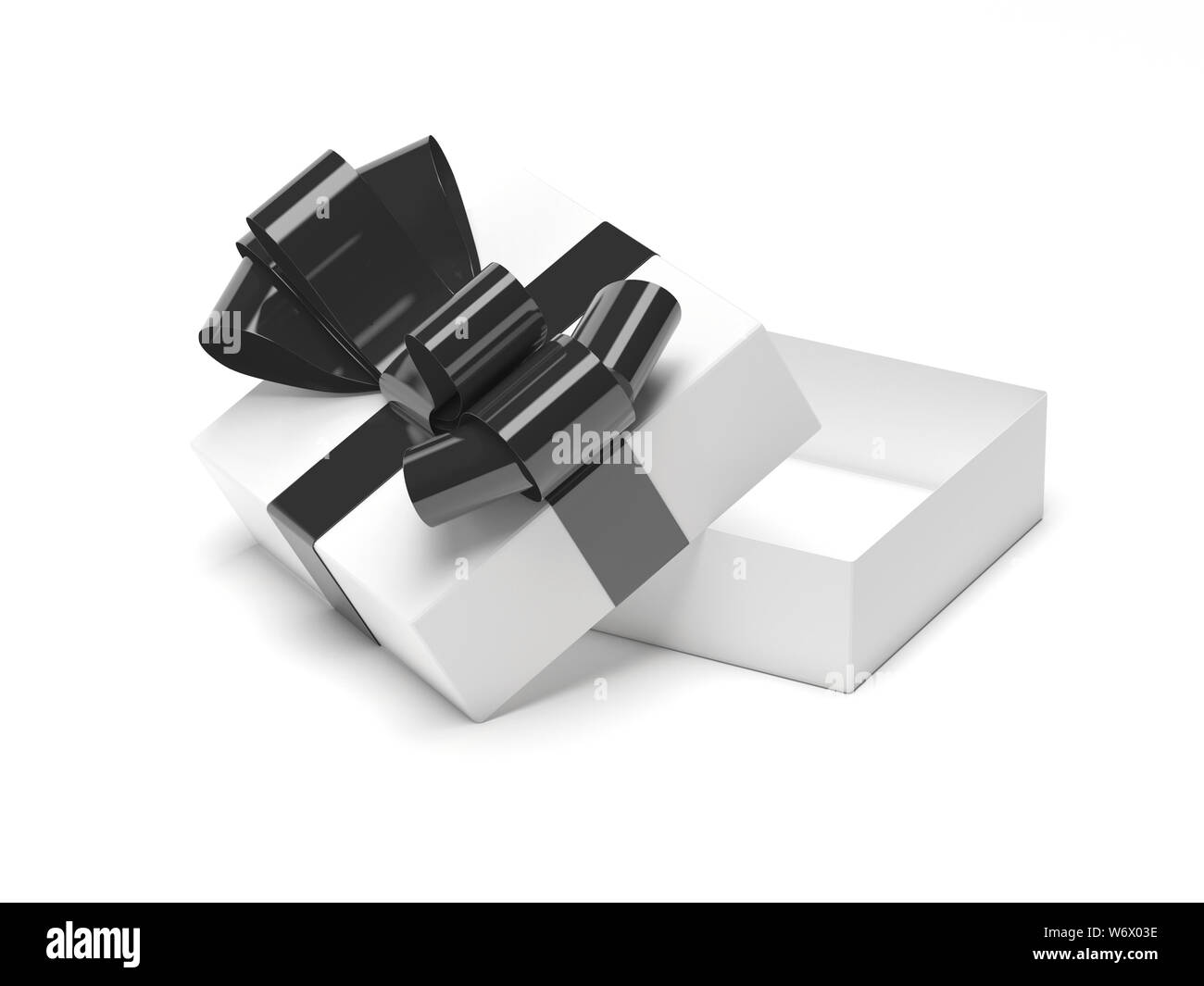 Gift box decorated with ribbon. Open empty container with black bow. 3d ...