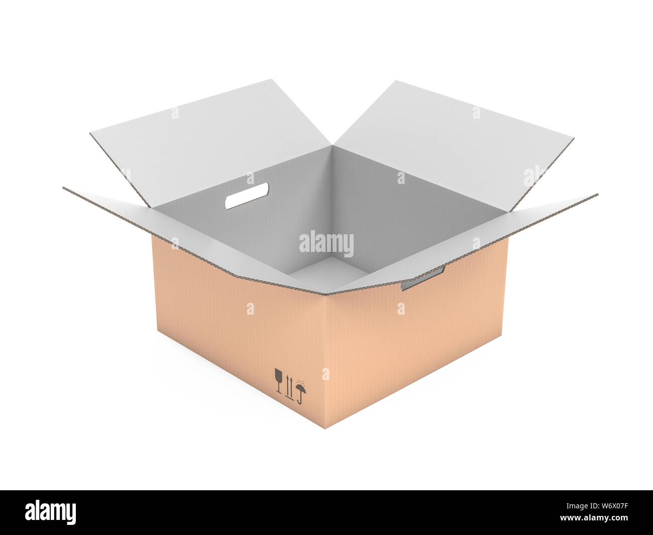 Open corrugated carton box with handle holes. White inside and brown ...