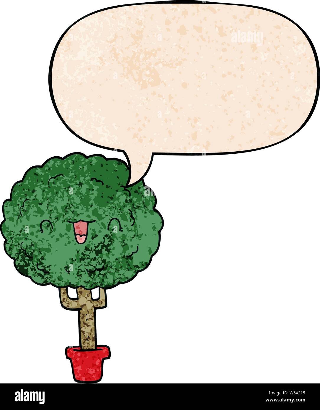 cartoon happy tree with speech bubble in retro texture style Stock ...