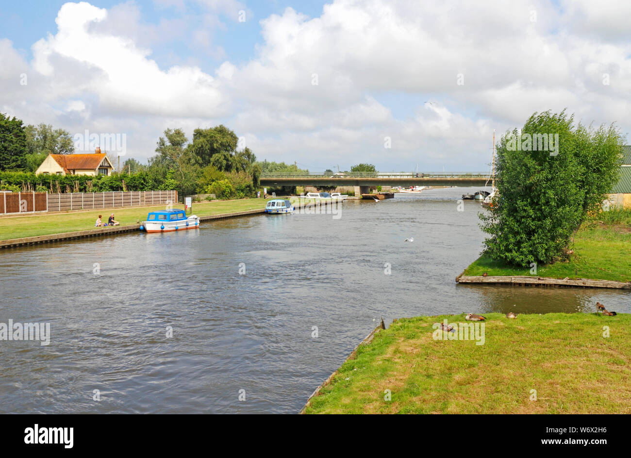 A view of the A149 road bridge over the River Thurne on the Norfolk ...