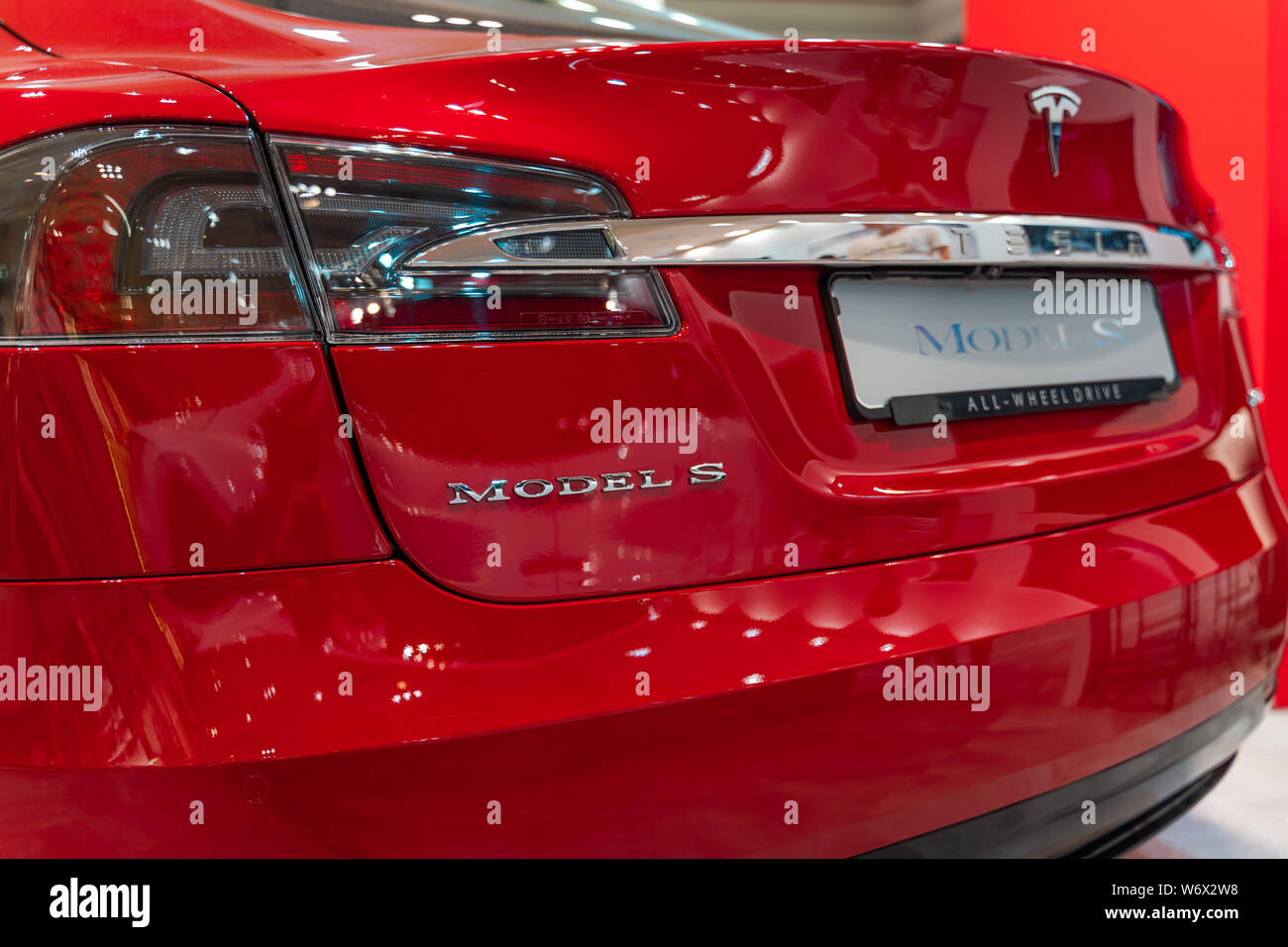 Valencia, Spain - July 21, 2019: Tesla Model S electric car on display ...
