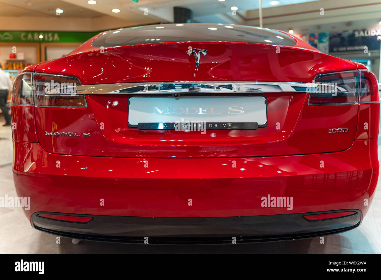 Valencia, Spain - July 21, 2019: Tesla Model S electric car on display ...