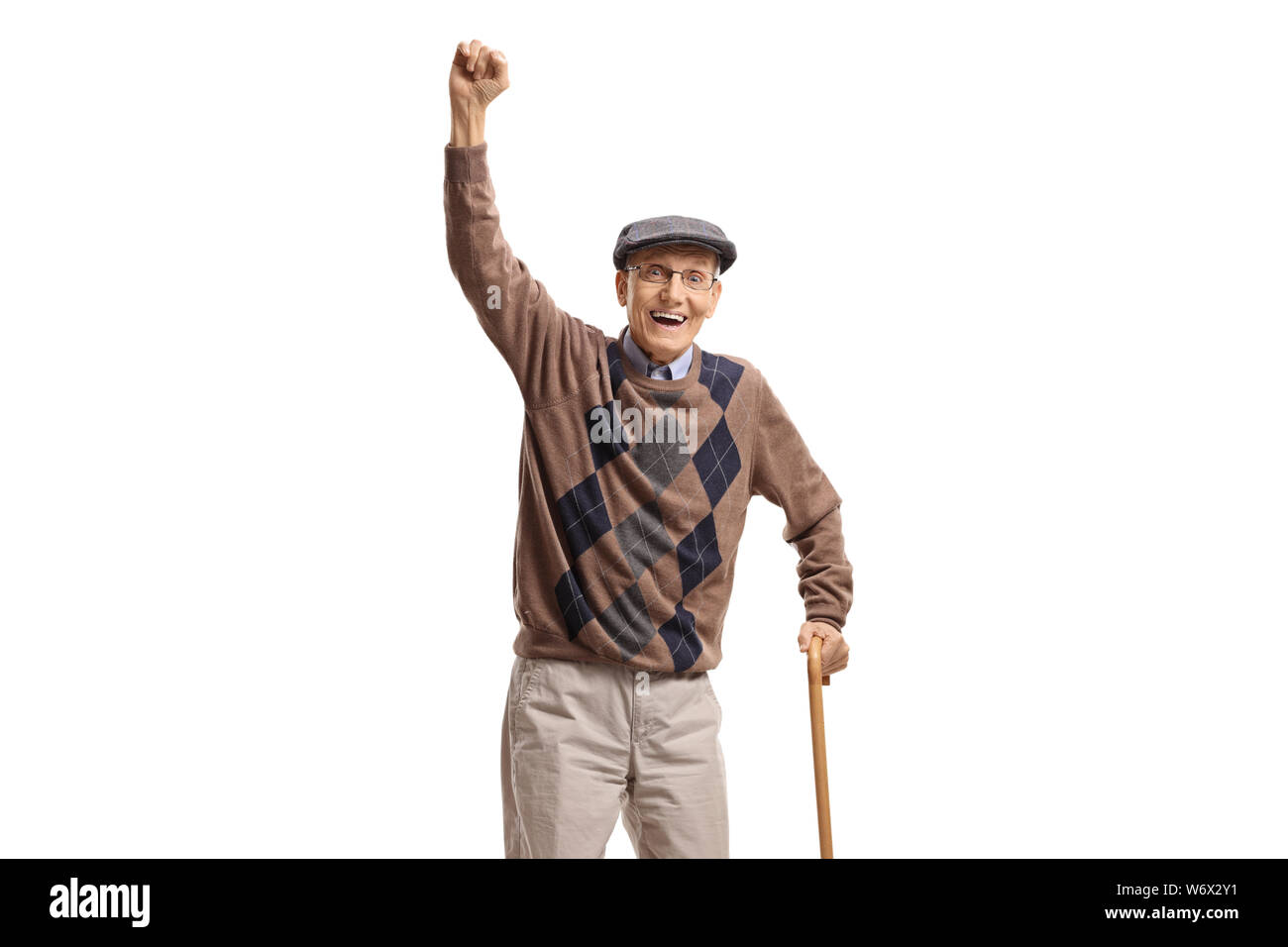Happy elderly man with a cane gesturing isolated on white background ...