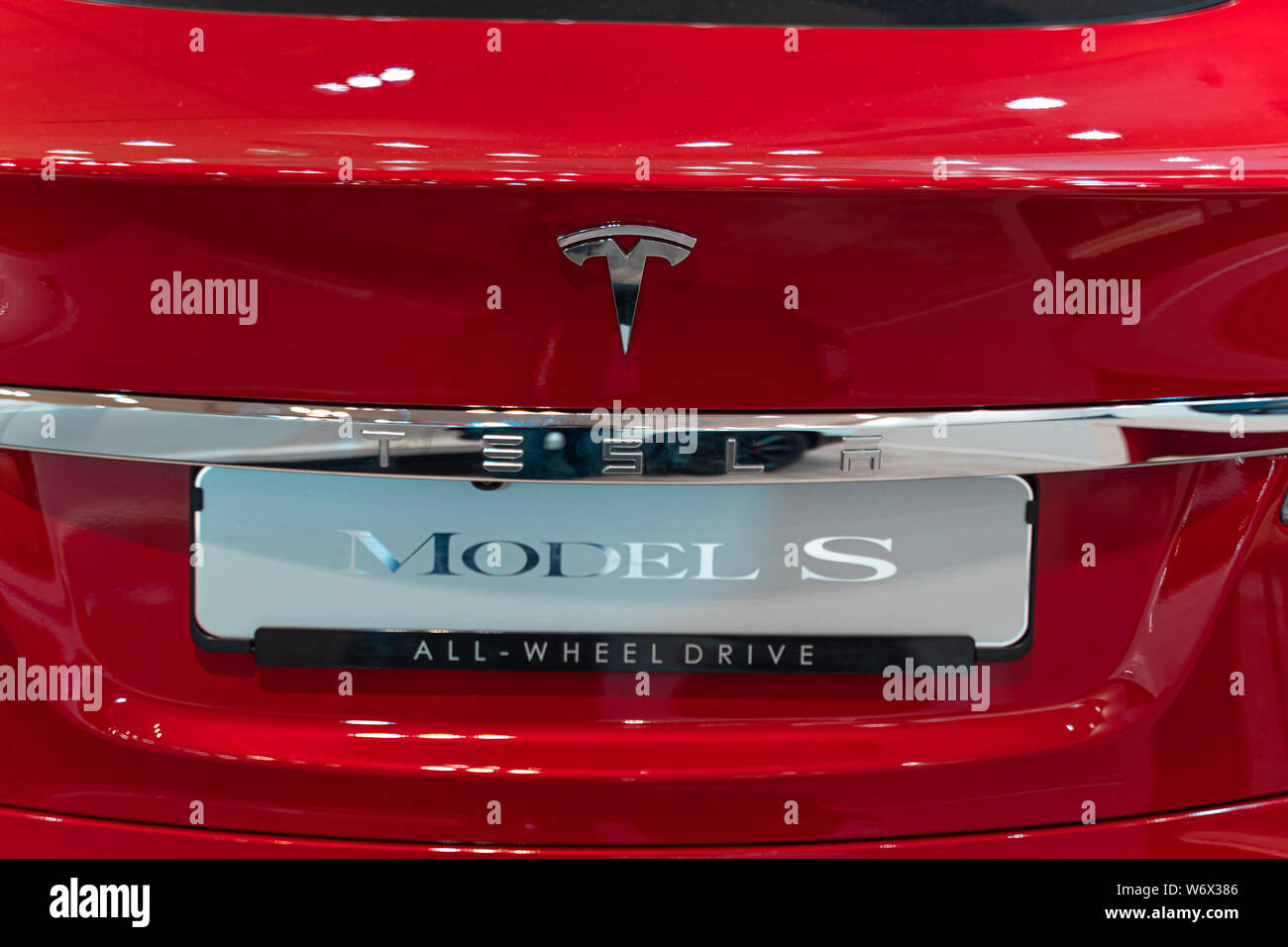 Valencia, Spain - July 21, 2019: Tesla Model S electric car on display ...