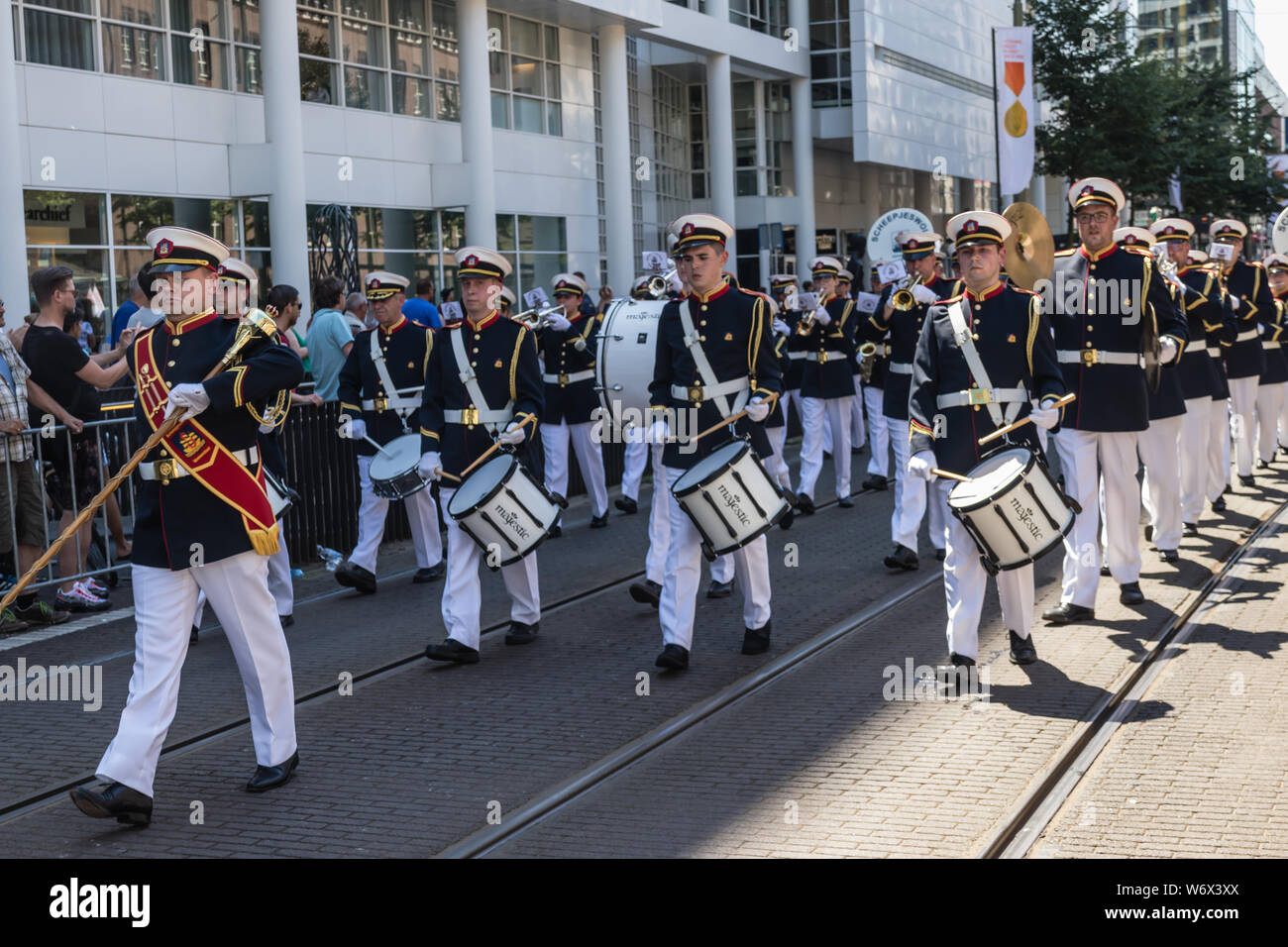 Military orchestra in traditional ceremonial uniform performing and ...