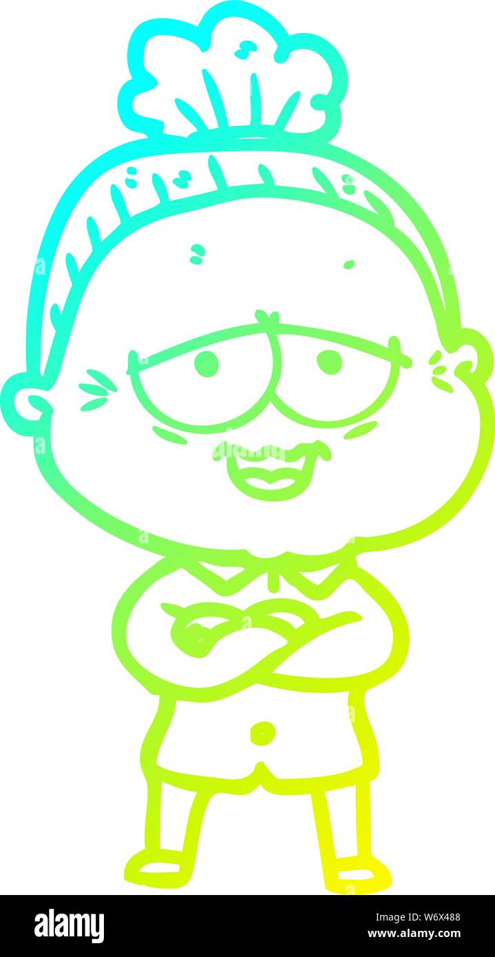 cold gradient line drawing of a cartoon happy old lady Stock Vector ...