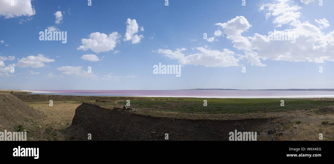 Turkey, Central Anatolia: aerial view of Lake Tuz, Tuz Golu, pink and ...