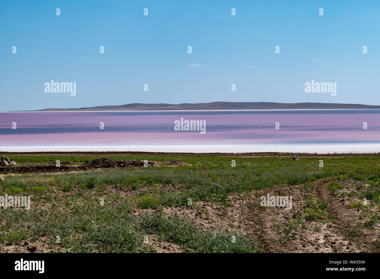 Turkey, Central Anatolia: aerial view of Lake Tuz, Tuz Golu, pink and ...