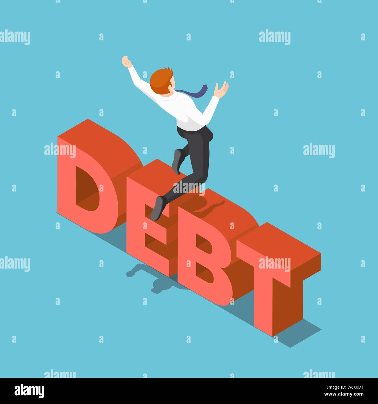 Flat 3d isometric businessman jumping over the debt. Overcoming debt ...