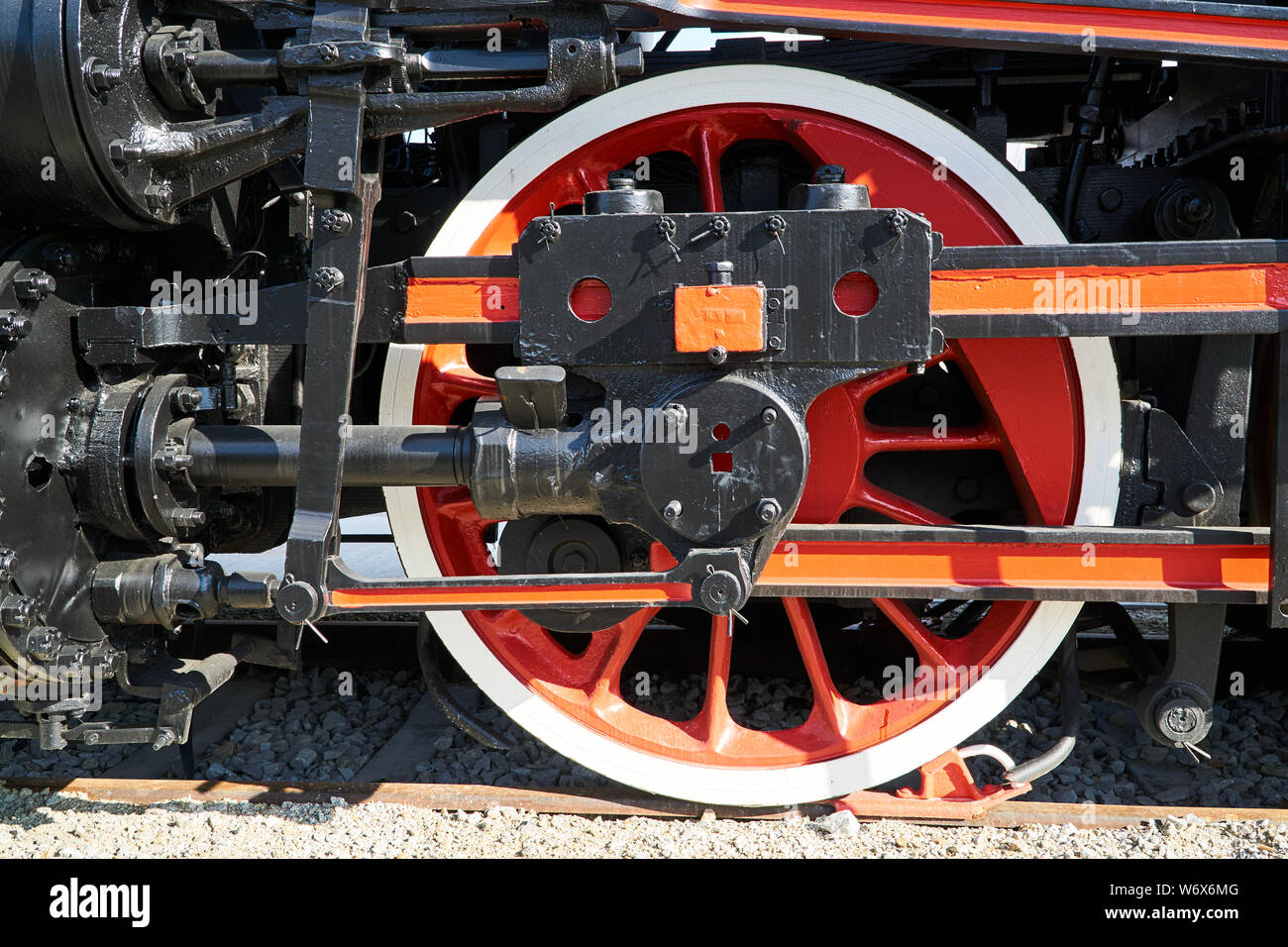 Pistons and driving wheel of the historic steam locomotive Stock Photo ...