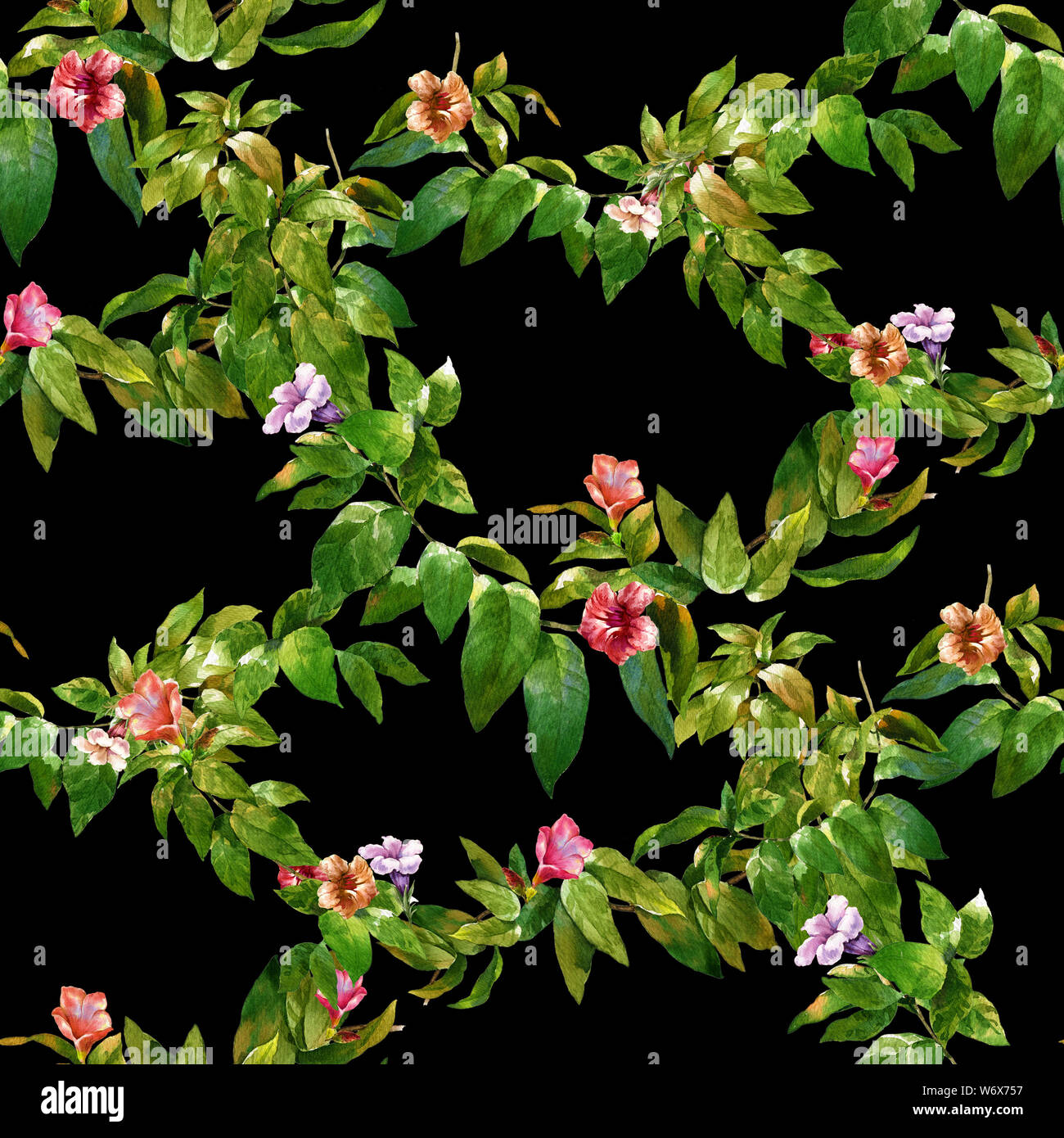 Watercolor painting of leaf and flowers, seamless pattern on dark ...