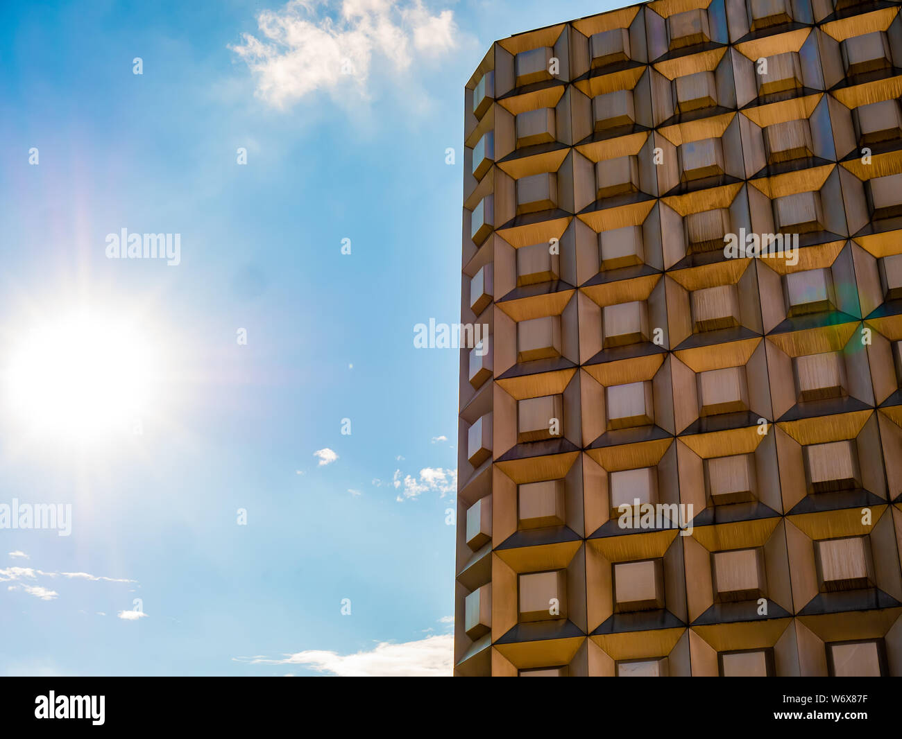 View on an old modern mall building on a sunny day photographed in an ...