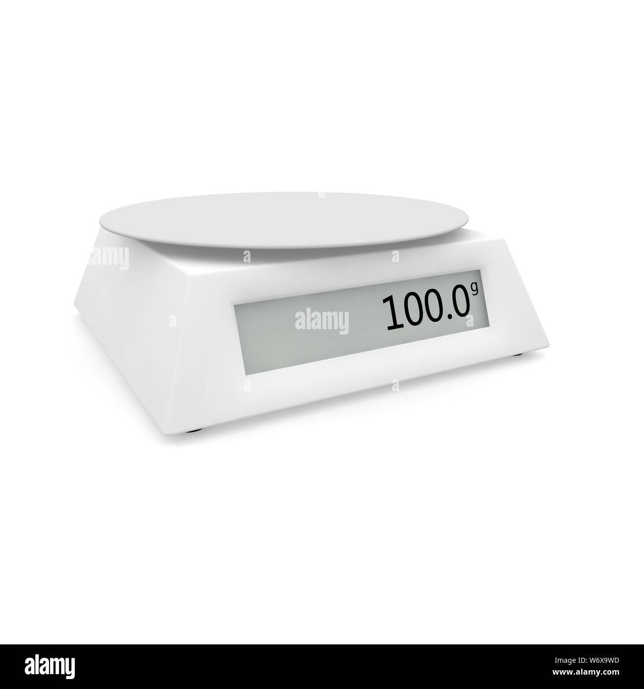 Electronic scales show 100 grams, on a white isolated background. There ...