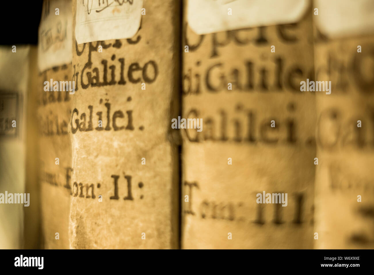 close up of ancient galileo galilei books on display at bologna ...