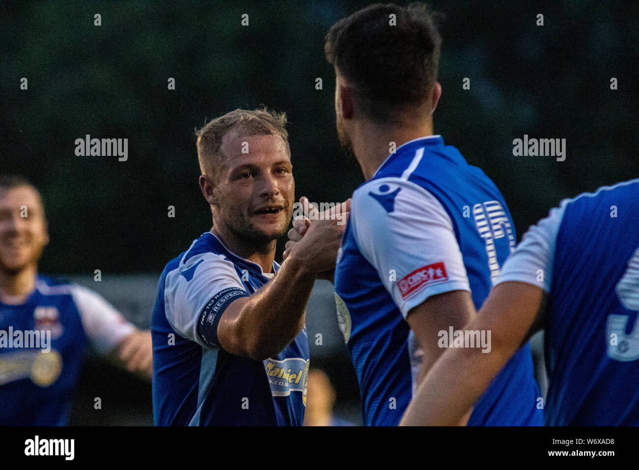 Kane Owen of Penybont celebrates with Kieran Howard scorer of his sides ...