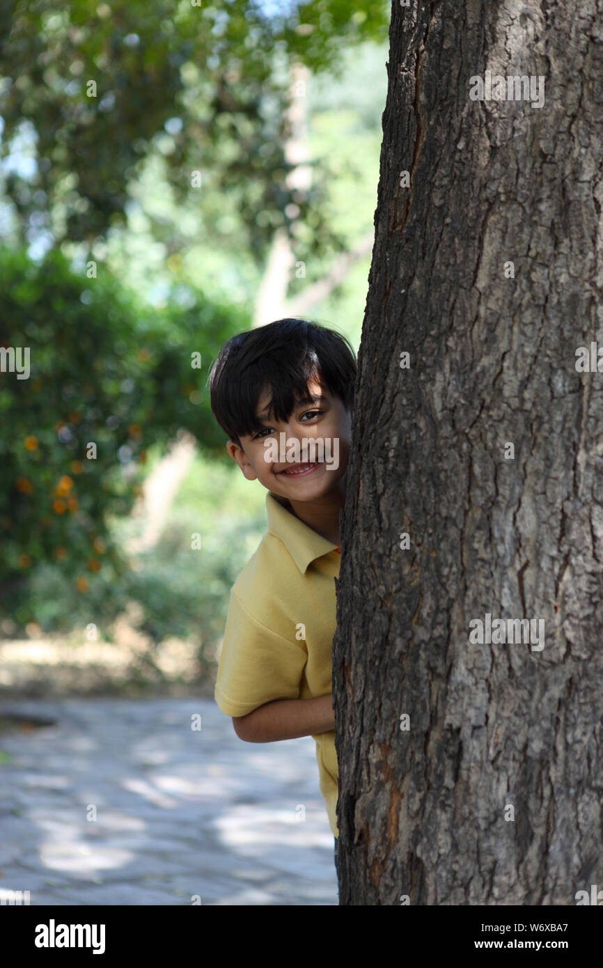 Boy peeking out from behind tree Stock Photo - Alamy