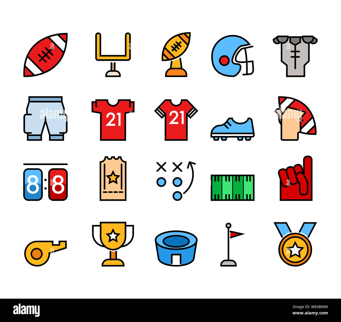 Simple color and line icons of American Football theme Stock Photo - Alamy