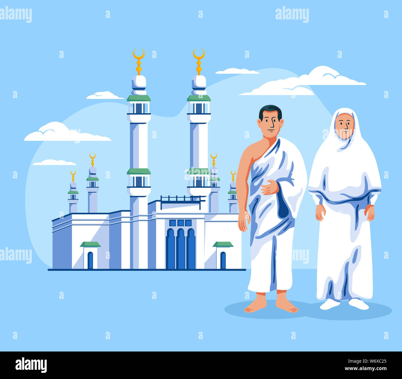 Couple of Muslim pilgrim standing in front of Masjidil Al Haram. Sacred ...