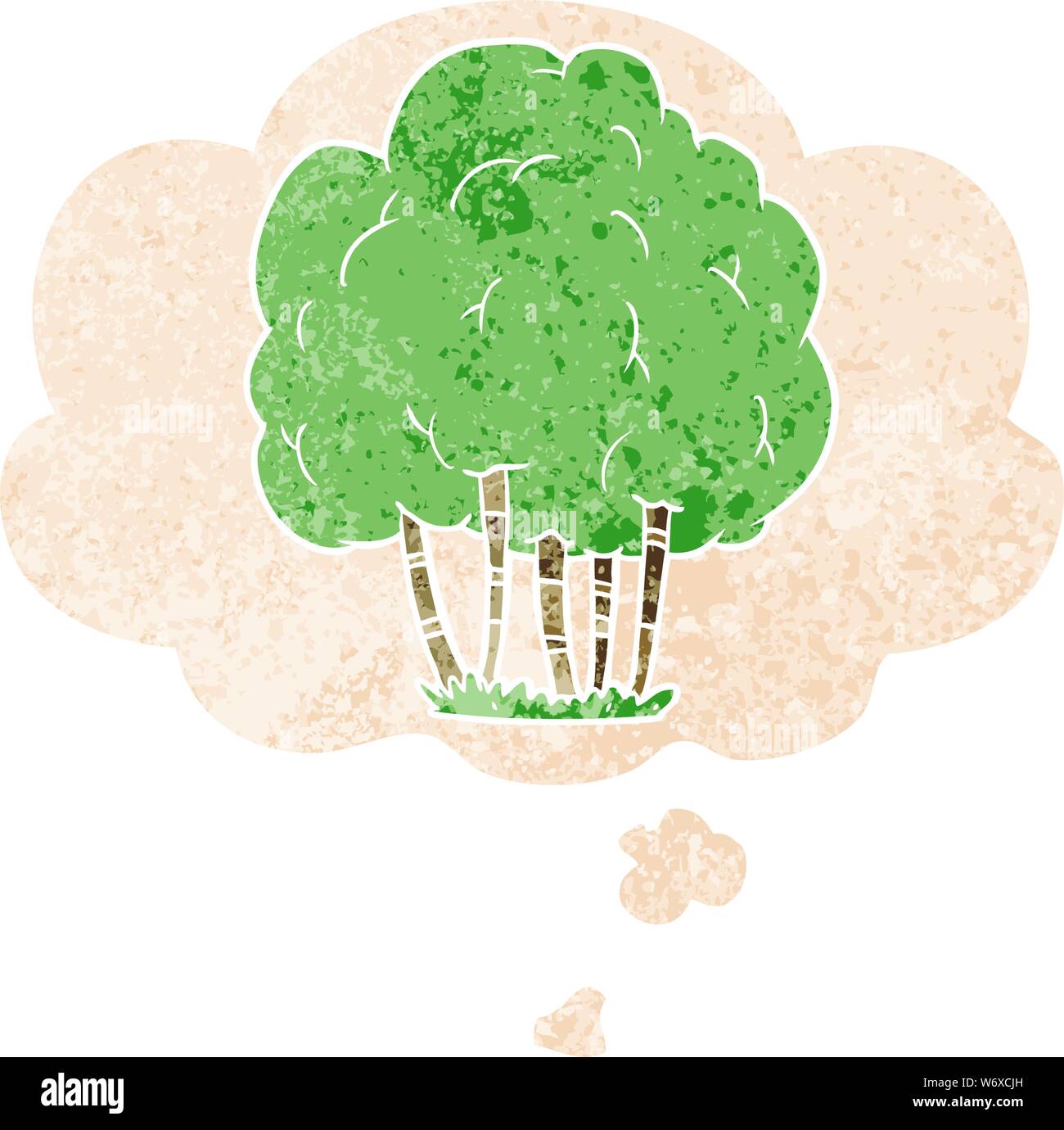 cartoon tree with thought bubble in grunge distressed retro textured ...