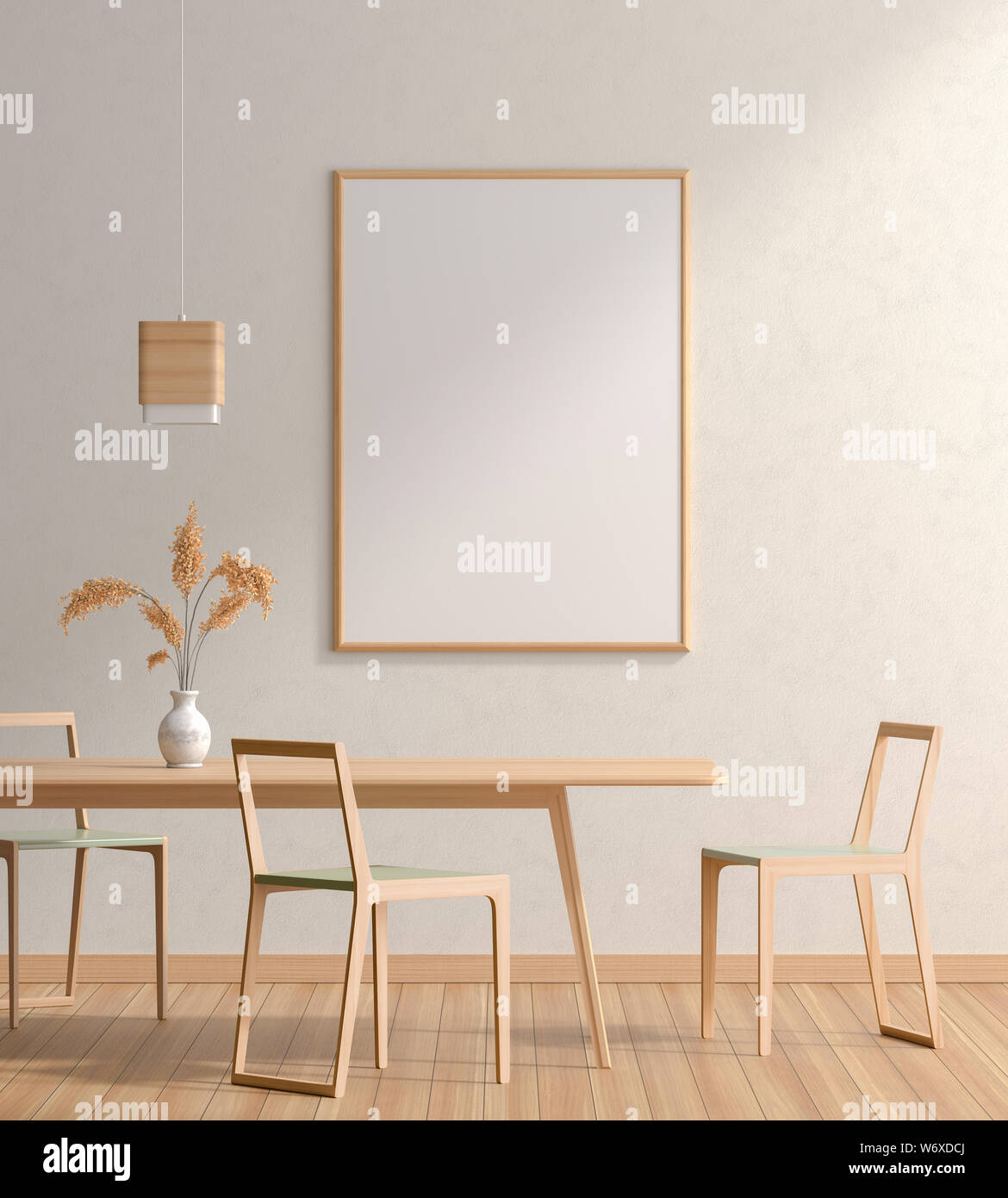 Mock up poster frame in spacious modern dining room with wooden chairs ...