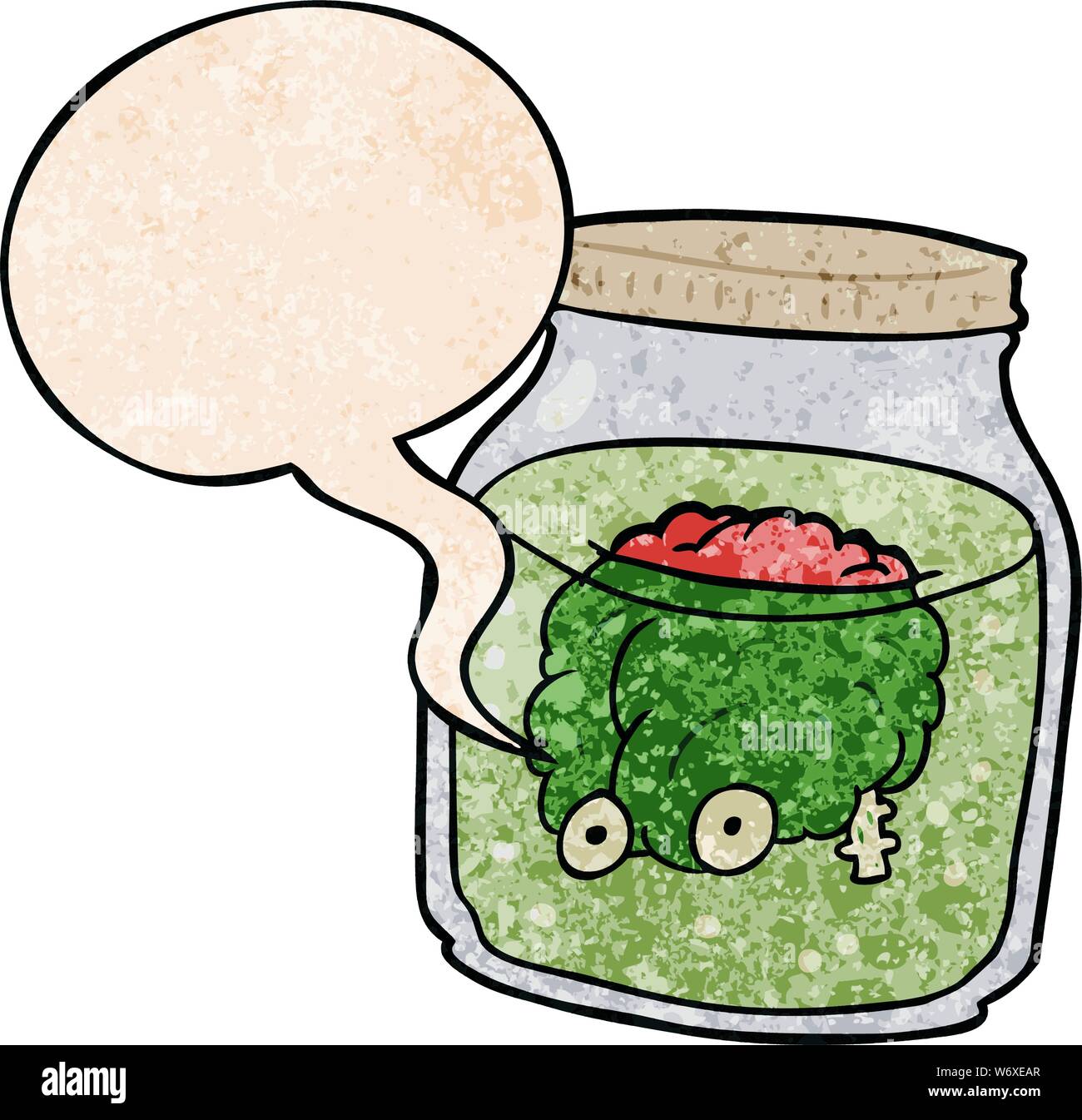 cartoon spooky brain floating in jar with speech bubble in retro ...