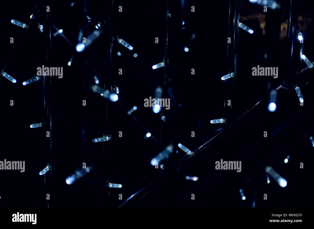 Small bulbs shine with cold light on a dark background. Photo with soft ...