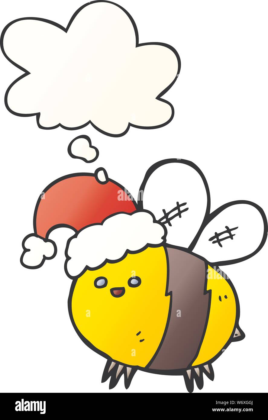 cute cartoon bee wearing christmas hat with thought bubble in smooth ...